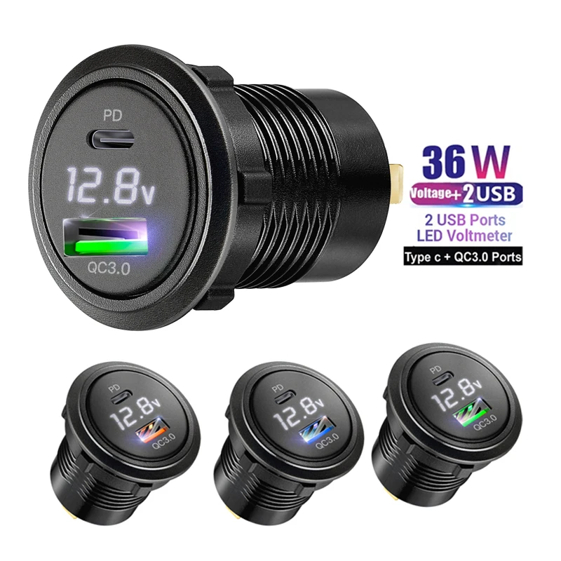 Type-c-usb-socket-12v-fast-charge-with-voltmeter-Power-Outlet-Dual-USB ...