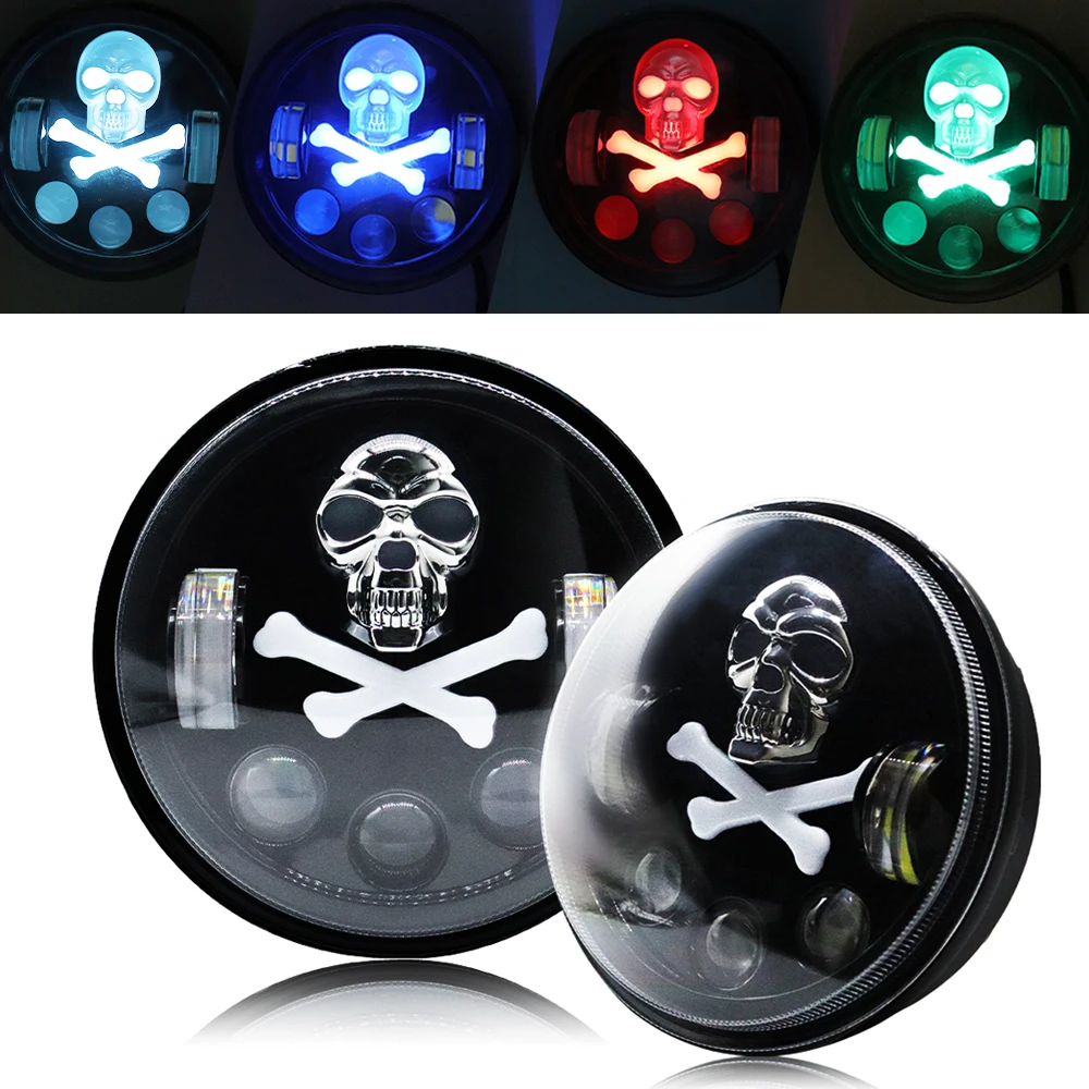 7-Inch-Round-LED-Skull-Headlight-High-Low-Light-DRL-65W-With-Turn ...
