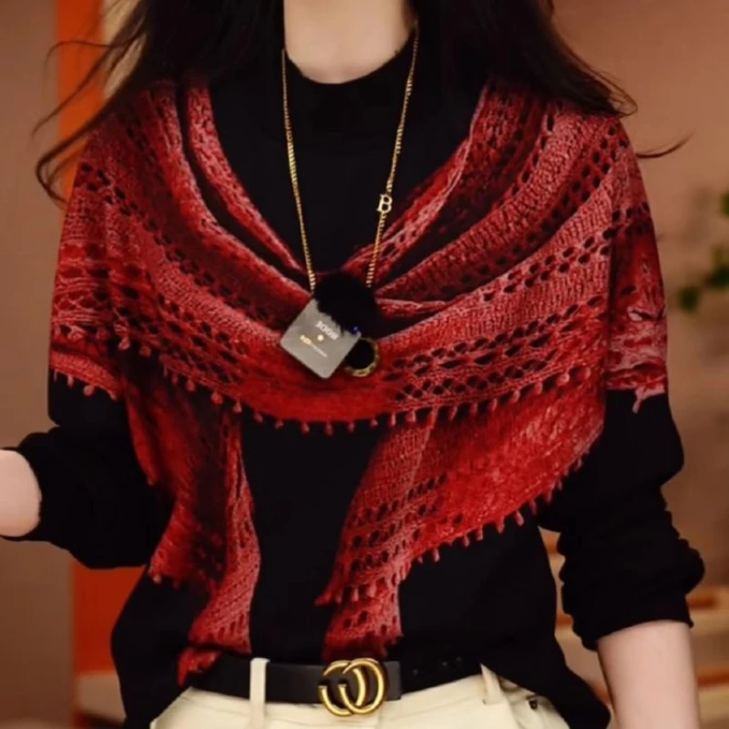 Double Sided Shawl Printed Long Sleeved Top for Women 2024 Autumn and ...