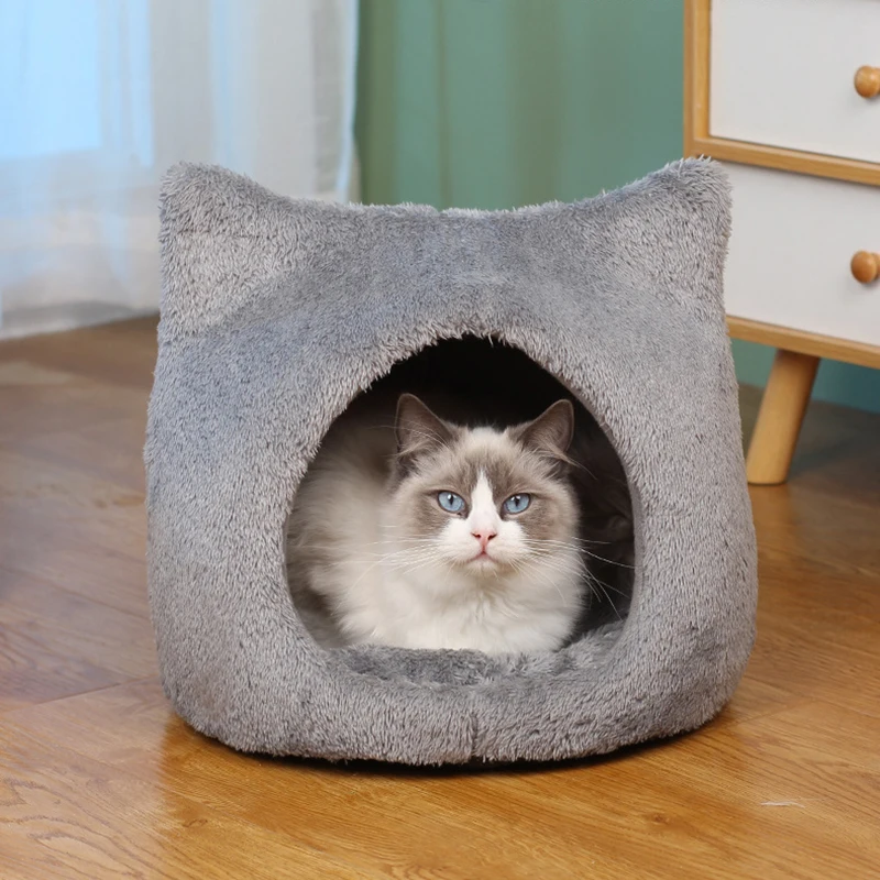 Solid-Color-Cat-House-Cartoon-Cat-Shape-Pets-Kennel-Washable-Non-slip ...