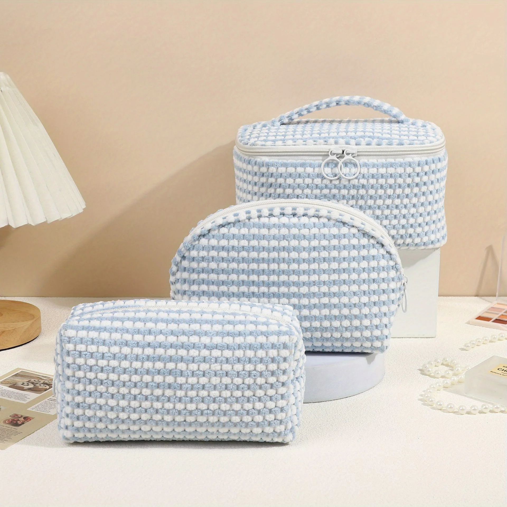 3pc-Set-Fur-Makeup-Bag-for-Women-Zipper-Large-Solid-Color-Cosmetic-Bag ...