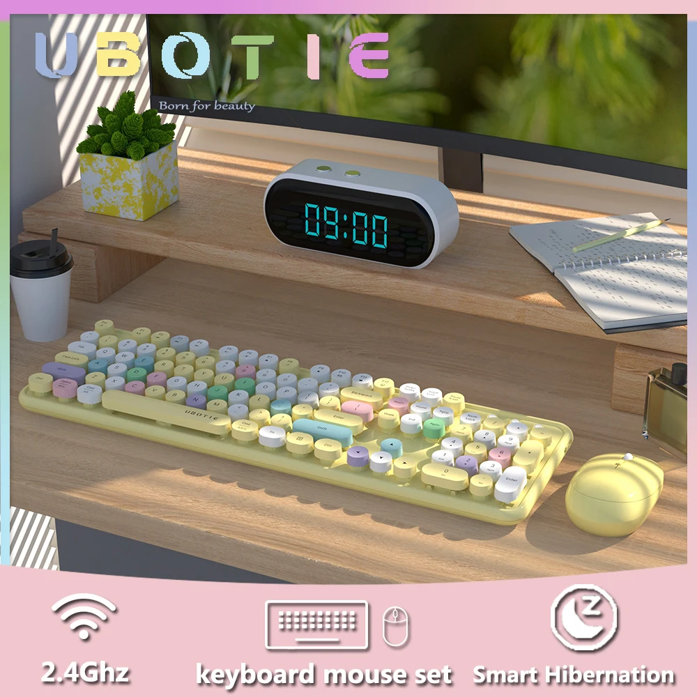 UBOTIE-Sweet-Wireless-Keyboard-and-Mouse-Combo-Ergonomic-Round-Retro ...