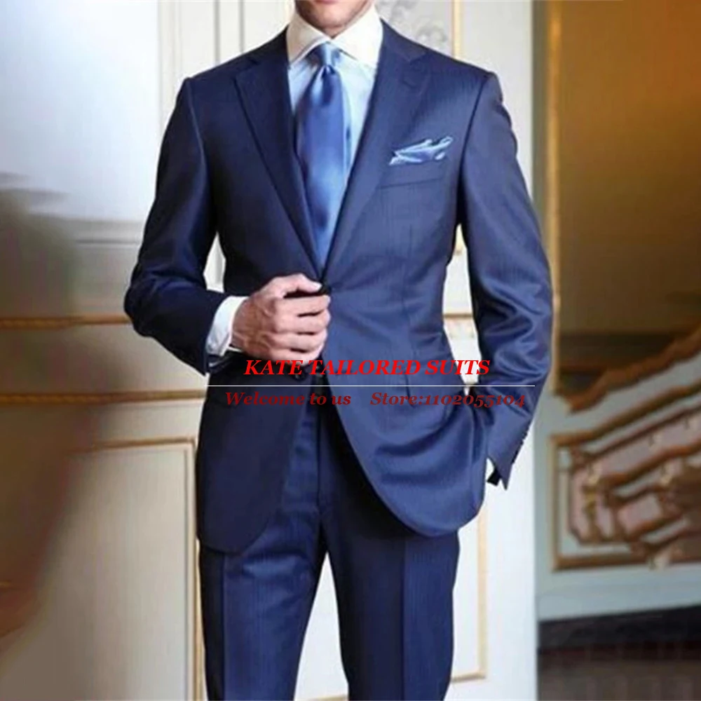 Casual Suit Men Navy Blue Business Office Wear Blazer Pants 2 Pieces ...