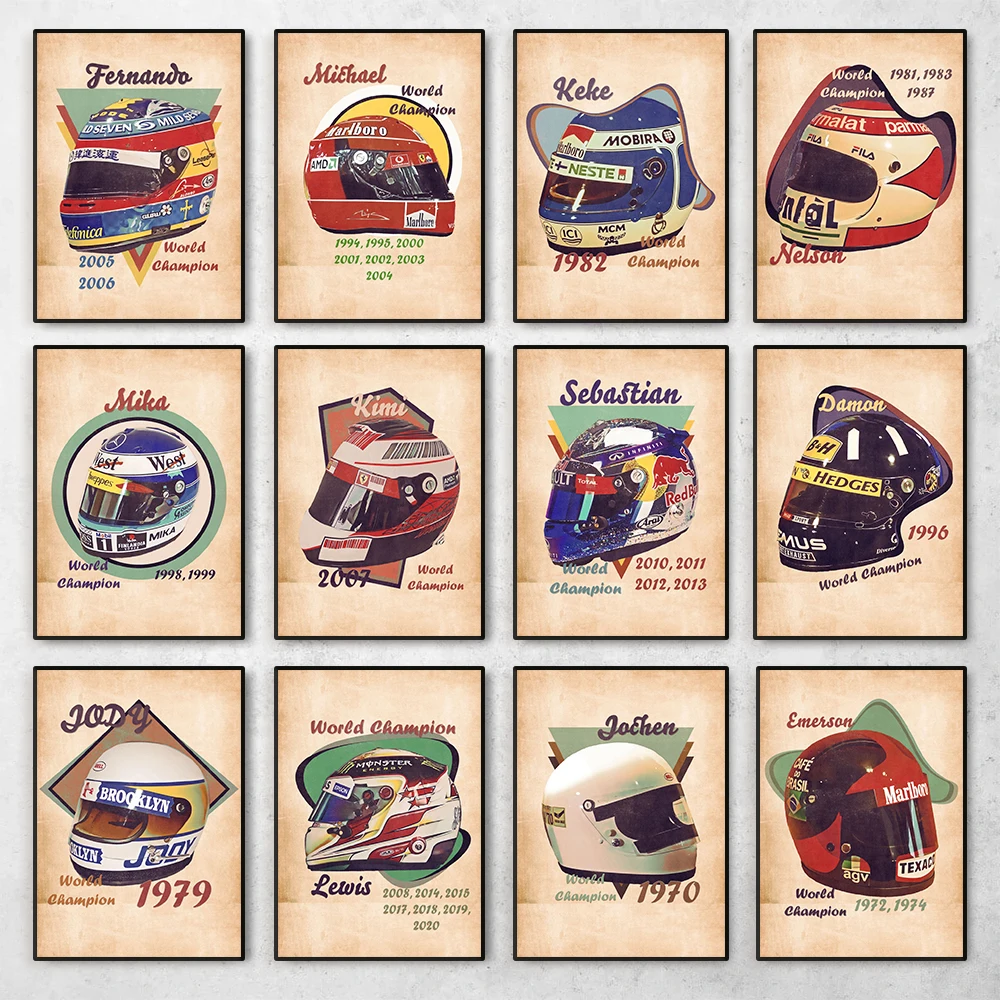 World-Champion-Racing-Helmets-Poster-Retro-Famous-Racing-driver-Helmet ...
