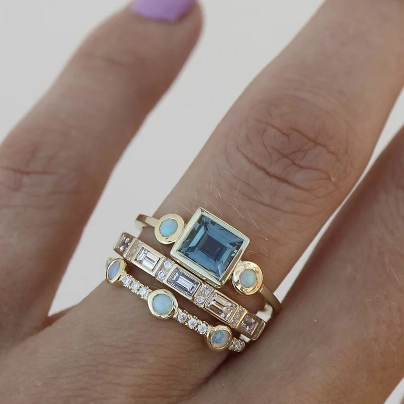Exquisite Gold Color Trendy Ring for Women Luxury Inlaid Sea Blue ...