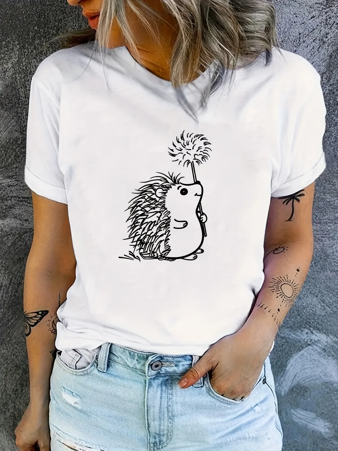 Cute Hedgehog Print T-shirt, Casual Short Sleeve Crew Neck Top For ...