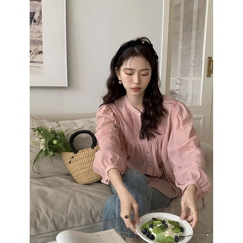 프렌치 스타일 레트로 레이스 긴 소매 셔츠 여성 젠틀 랜턴 슬리브 세련된 틈새 스타일 상의 허니 핑크 패어리 플리츠