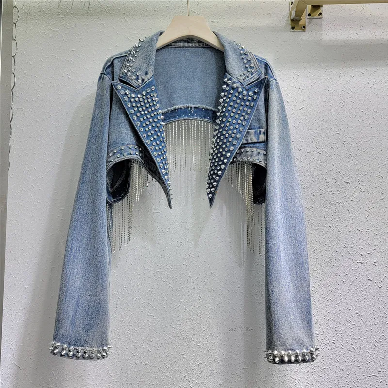 Diamonds-Beaded-Tassels-Rivets-Denim-Jacket-Retro-High-Waisted-Crystal ...
