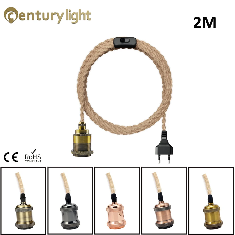 2M 3M Power Cord Pendant Light Twist Hemp Rope Cables E26 E27 Lamp ...