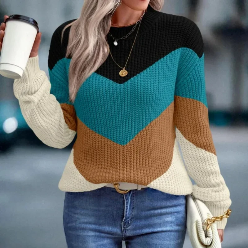 Knit Sweaters Women Jumpers Striped Print Round Neck Streetwear ...
