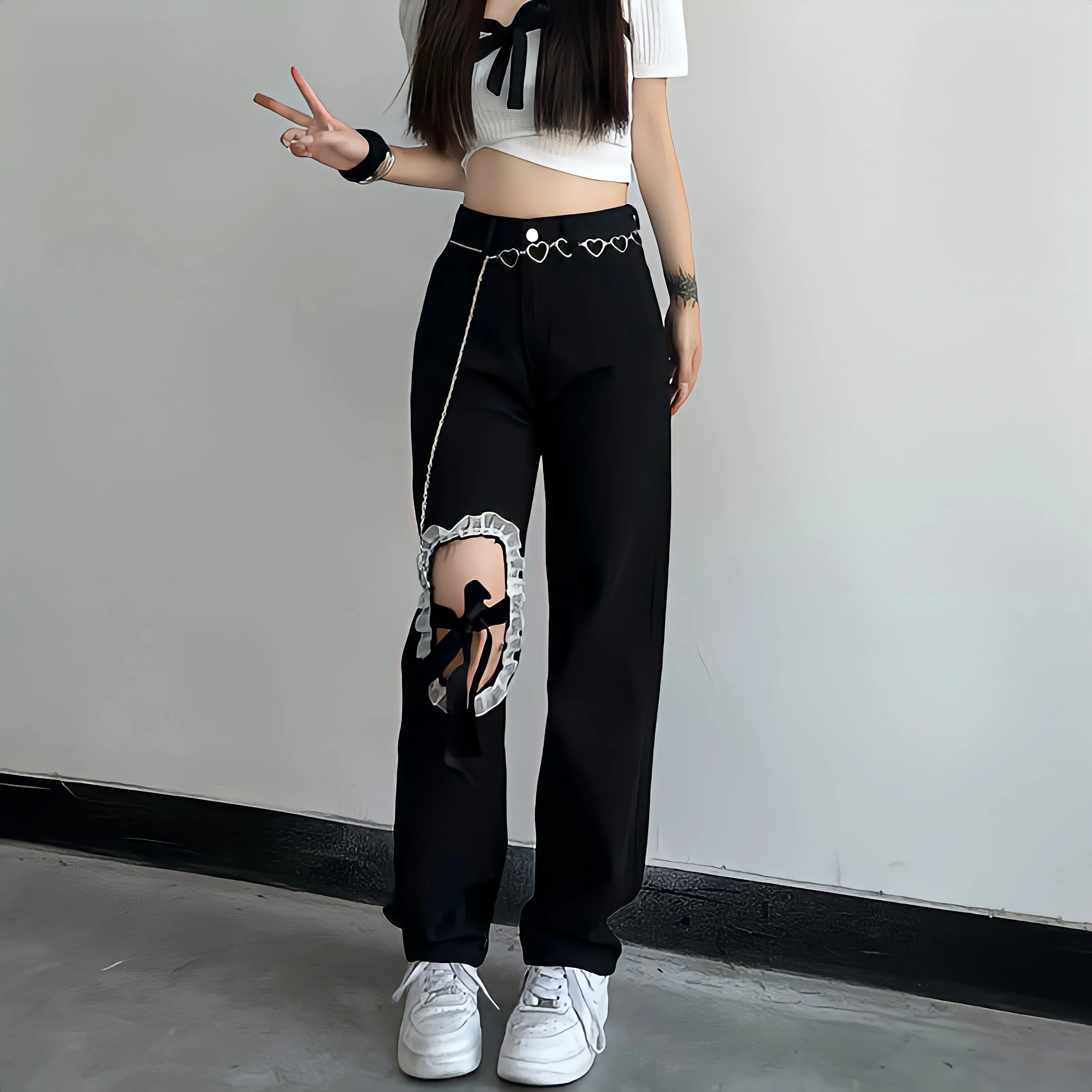 여성용 블랙 레이스 업 찢어진 하이 웨이스트 청바지 한국 패션 바이브 스타일 데님 바지 스트리트웨어 Y2k 청바지 헐렁한