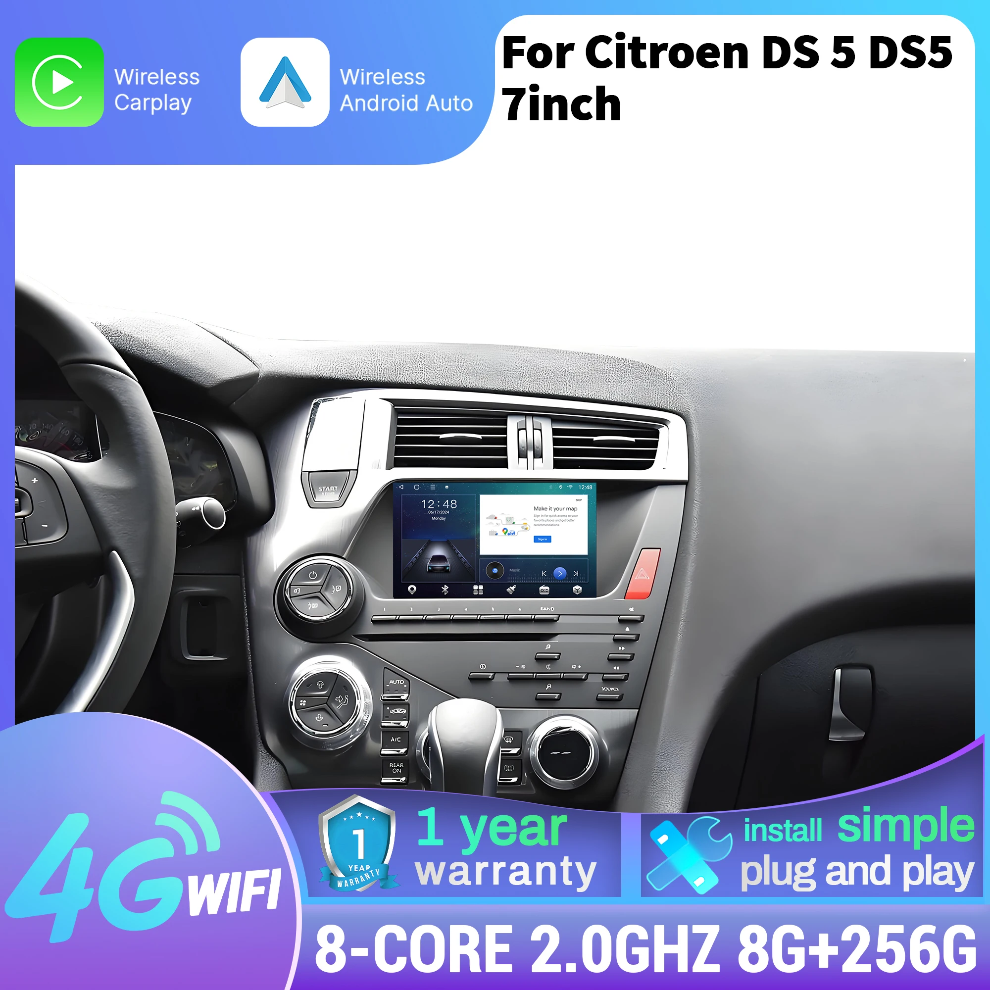7 inch Android 14 Car Radio For Citroen DS 5 DS5 4G Wireless Bluetooth ...