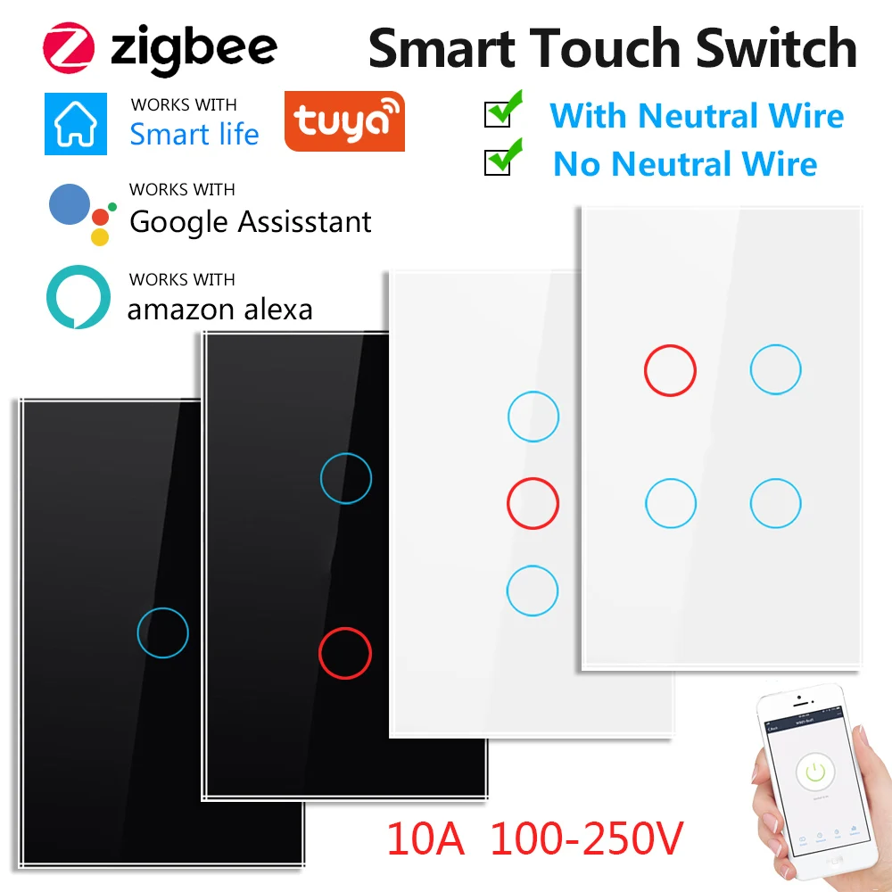 Zigbee Smart Switch 1/2/3/4 Gang Touch Panel Voice Control Neutral/No ...