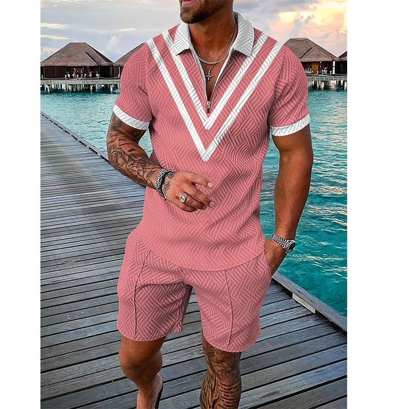 New Summer Men Polo T shirt Sets Male Slim 3D Printed Polo Suit Stripes ...