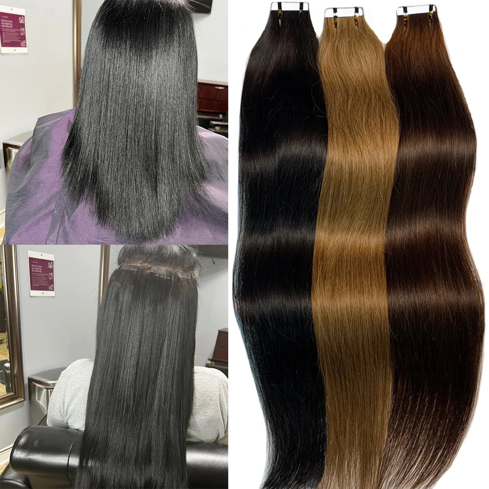 Extensiones-de-cabello-liso-para-mujer-cinta-de-cabello-humano-100-Remy ...