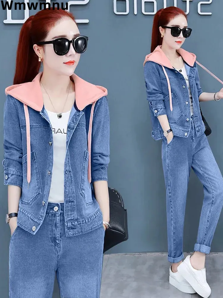 Slim-Hooded-Denim-2-Piece-Set-High-Grade-Vintage-Kot-Conjuntos-Spring ...