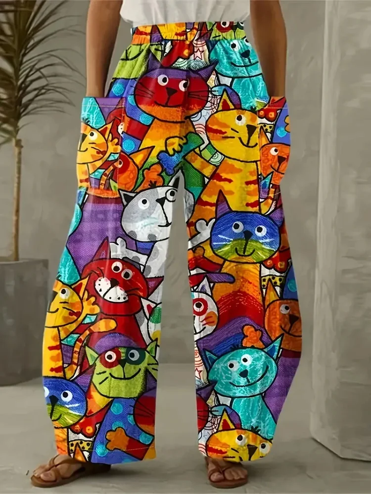 Cartoon Fun Cat Color 3D Printed Women's Double Side Pocket Pants Urban ...