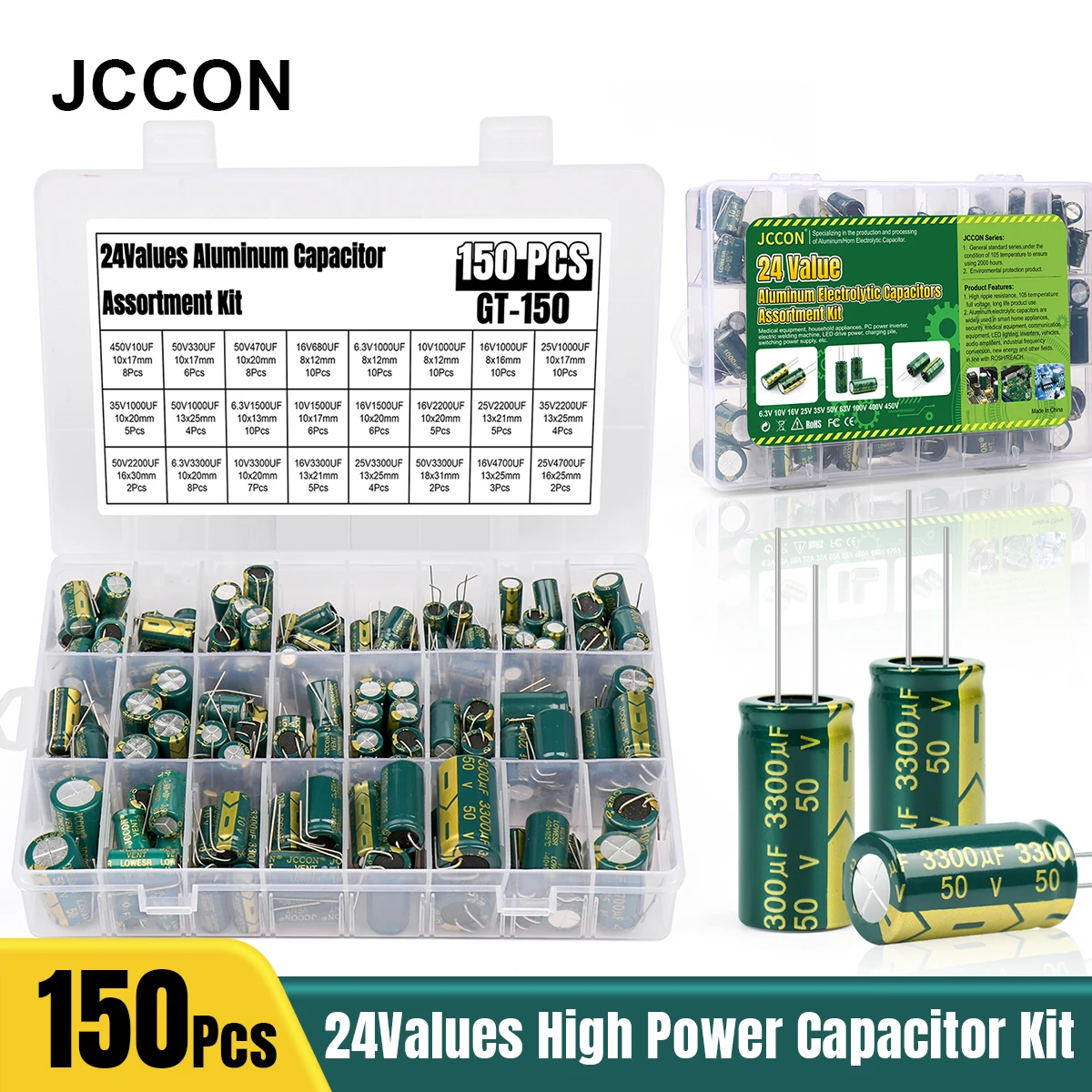 150Pcs-JCCON-Aluminum-Electrolytic-Capacitor-Kit-24Values-6-3V-450V ...