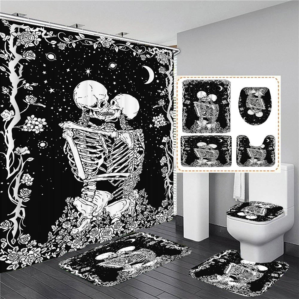 Funny-Lovers-Skull-Skeleton-Shower-Curtain-Bath-Curtain-Halloween-Bath ...