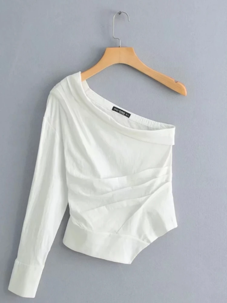 Camisa-plisada-asim-trica-para-mujer-blusa-informal-blanca-de-manga ...
