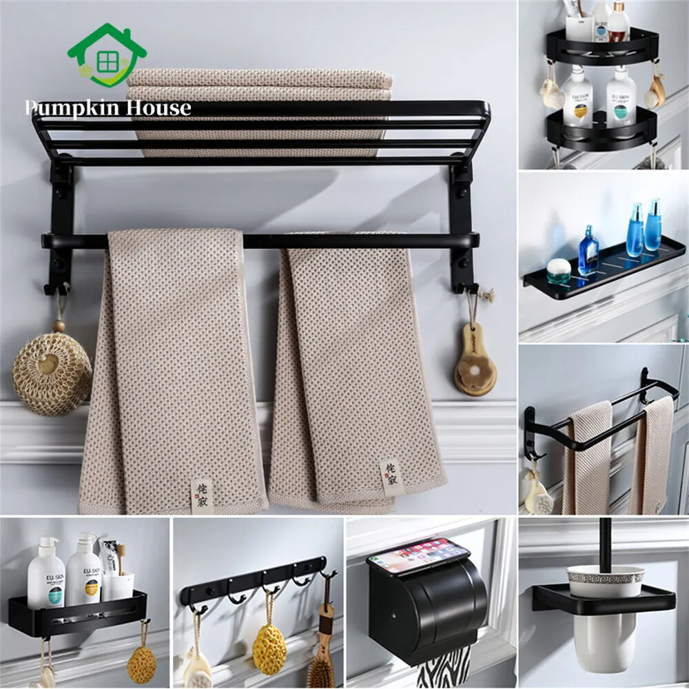 Bathroom-Towel-Shelf-Rack-Wall-Black-CM-With-40-60-Velcro-Rail-Folding ...