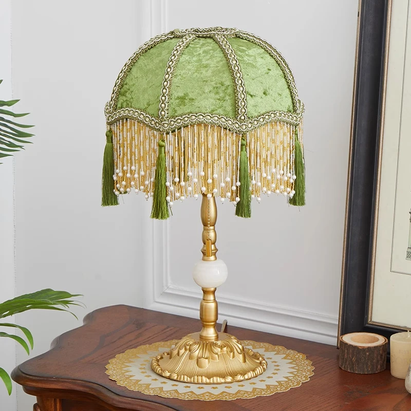 French-Retro-Tassel-Table-Lamp-for-Bedroom-Vintage-Green-Fabric-Desk ...