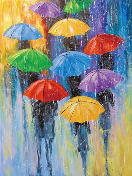 Watercolor Painting Rain Umbrellas Crowd