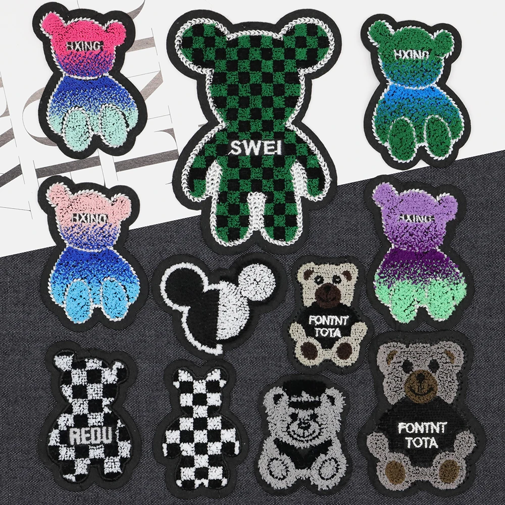 Embroidery-Gradient-Checkered-Stripe-bear-Iron-on-patches-Hippie-badges ...