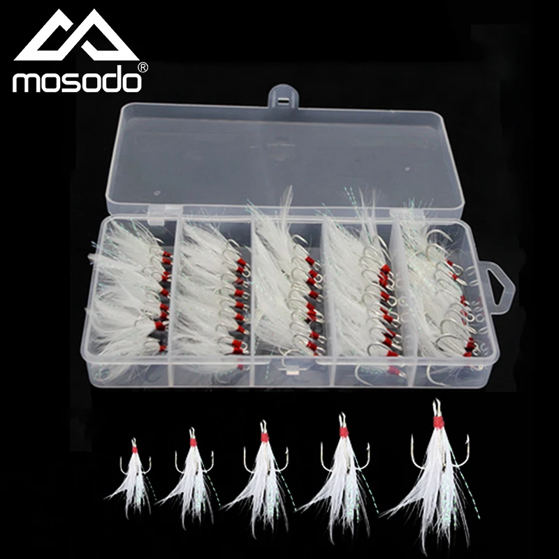 Mosodo 50pcs Feathered Treble Hooks Set Dressed Triple Hook Strong Pull ...