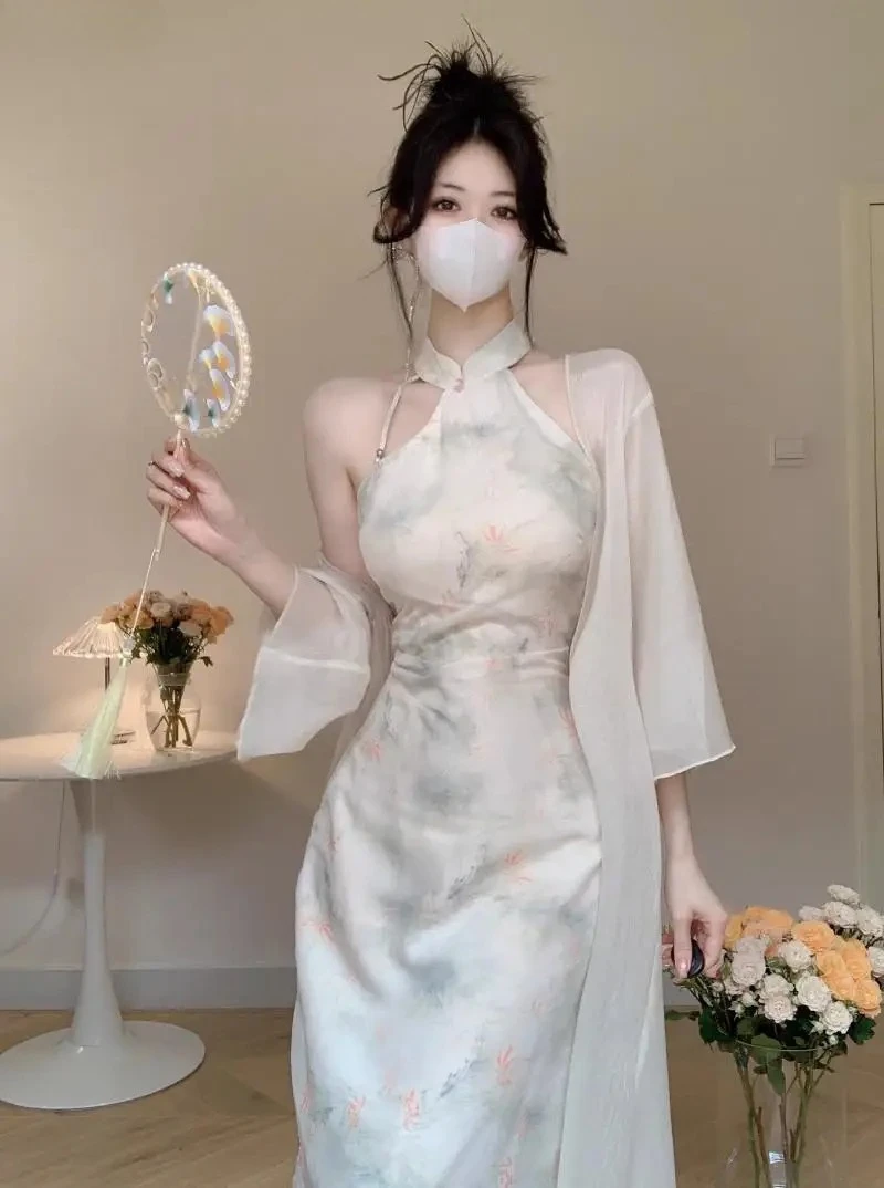 New Chinese Style Hanfu Set Women Sleeveless Cheongsam Sexy Print Qipao ...