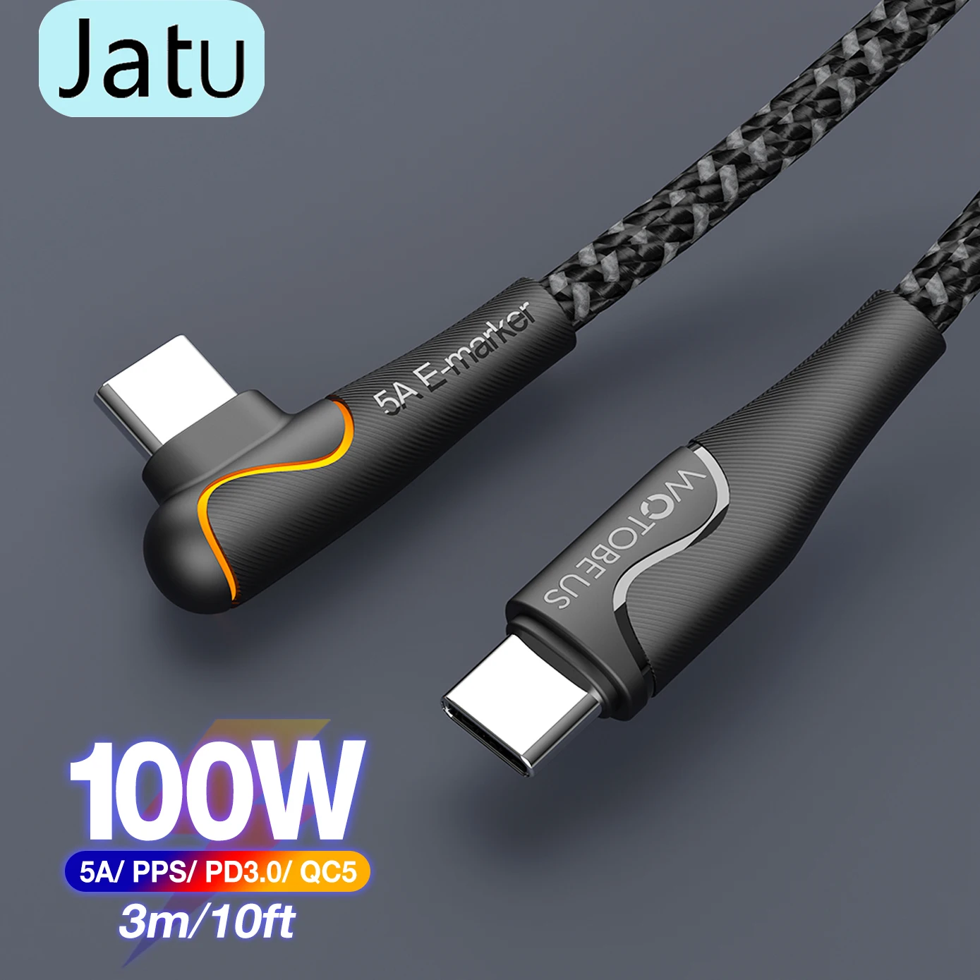 PD 100W/5A USB c형 케이블, 3m/10ft 5A E 마크 고속 충전 LED 90 ° 엘보 5A 케이블 ...