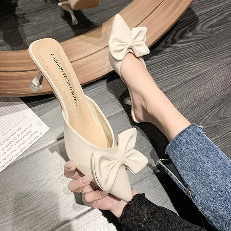 Med-Shoes-Cover-Toe-Slippers-Heels-PU-Butterfly-Knot-Slipers-Women ...