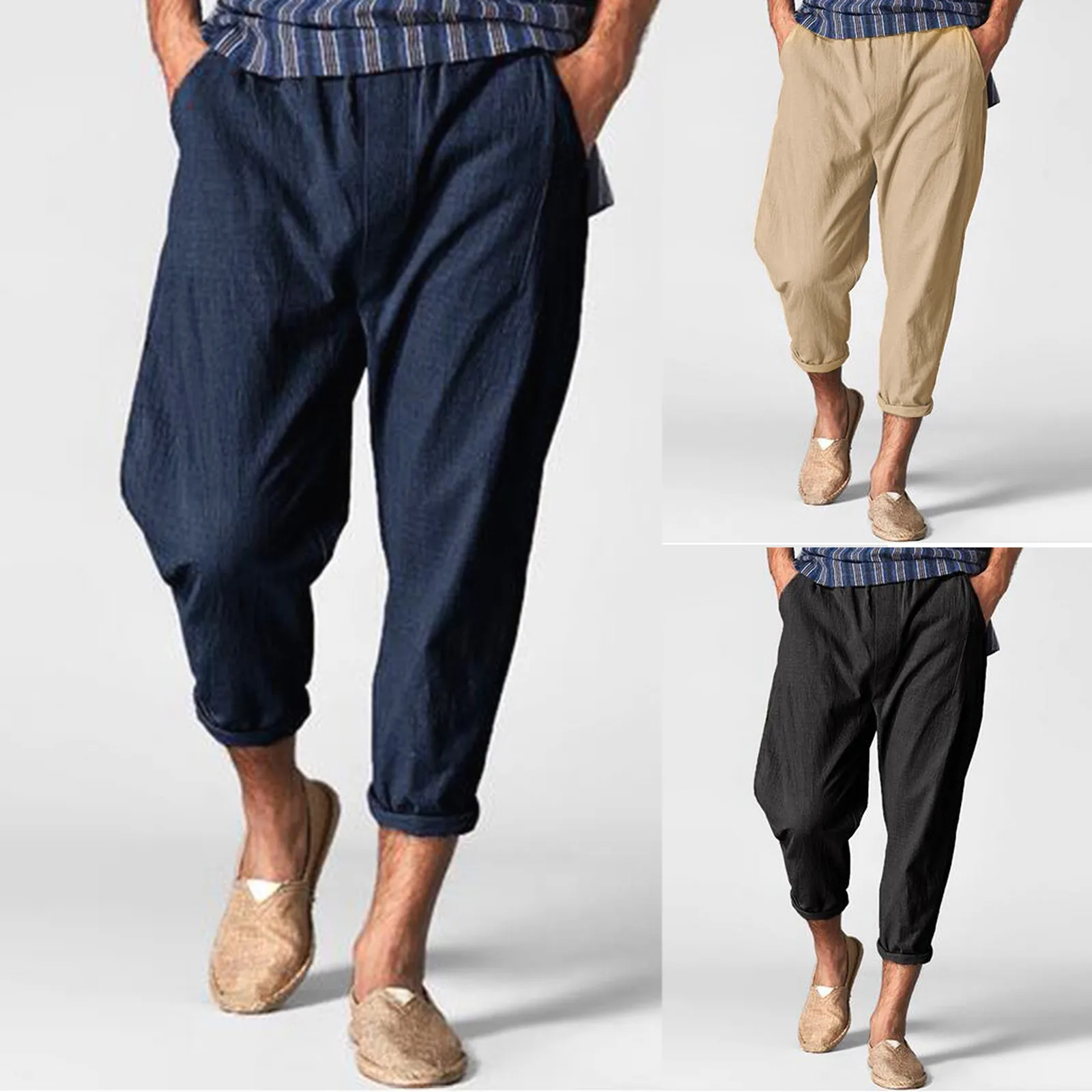 Men-s-Fashion-Casual-Simple-Pant-Solid-Color-Cotton-And-Linen-Elastic ...
