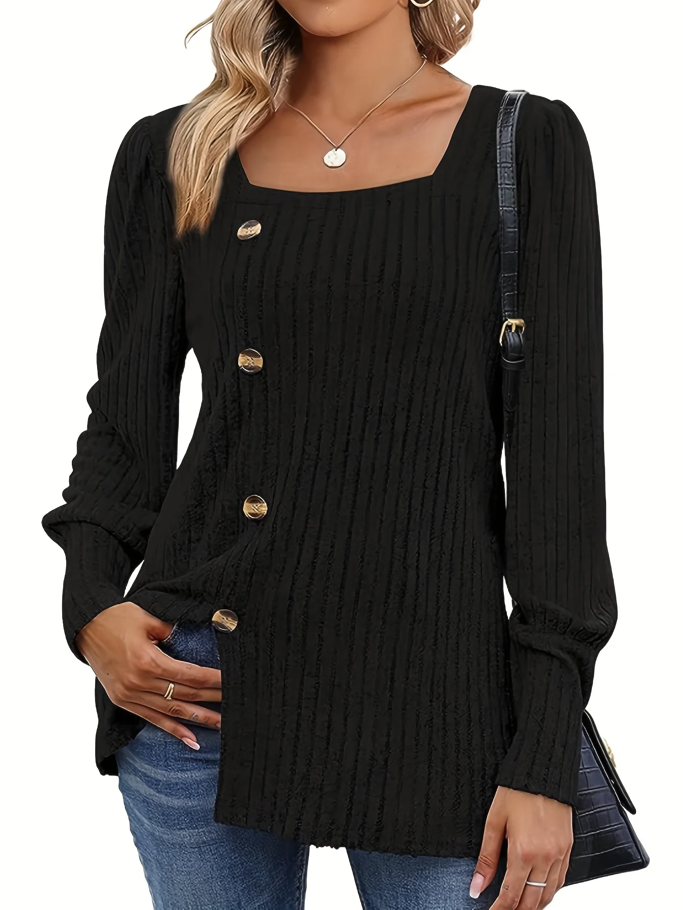 Solid-Square-Neck-Rib-Knit-Sweater-Casual-Button-Long-Sleeve-Split ...
