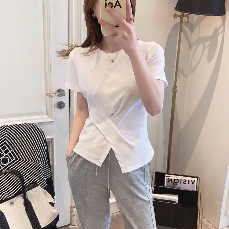 EasyCore Women Fashion Crossed Splitting Slim Tops Korean Style Pure ...