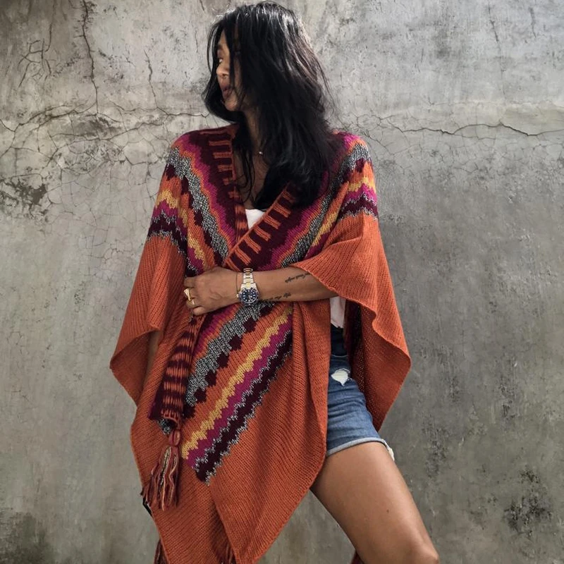 Chic Women Poncho Zigzag Striped Knitting Shawl With Tassels Colorful ...