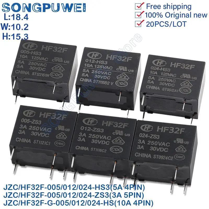 Free-shipping-20PCS-HF32F-005-012-024-HS-HS3-ZS3-3A-5A-10A-250VAC-4PIN-5Pin.jpg