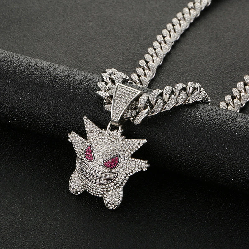 Anime Pokemon Figure Gengar Necklace Pendant Full Diamond Hip Hop Funny ...