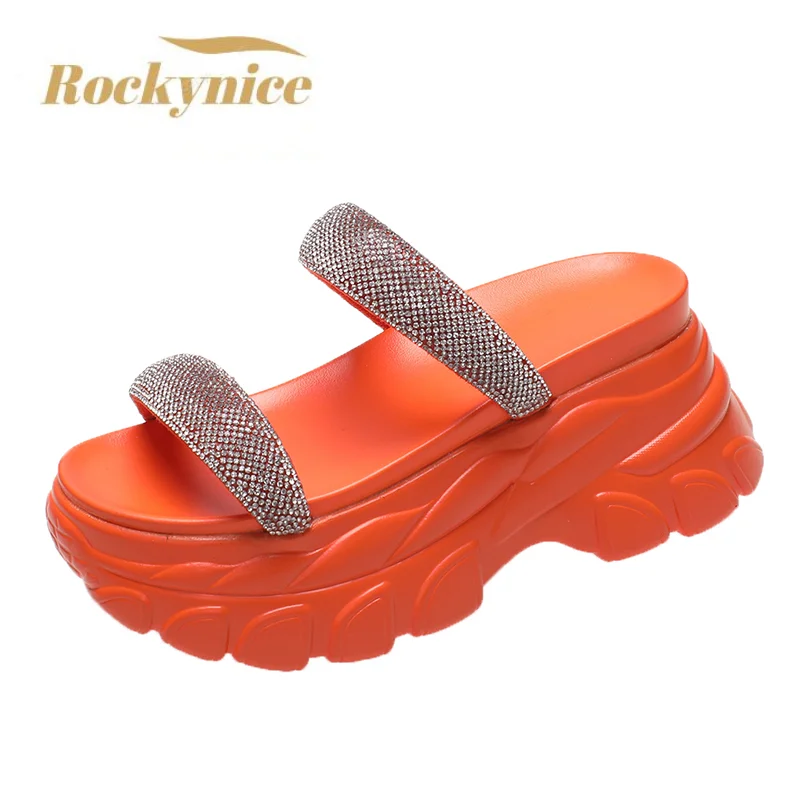 여름 여성 Chunky 슬리퍼 럭셔리 슬립 온 8cm 웨지는 높은 플랫폼 샌들 외부 신발을 블링 화이트 비치 캐주얼 슬라이드