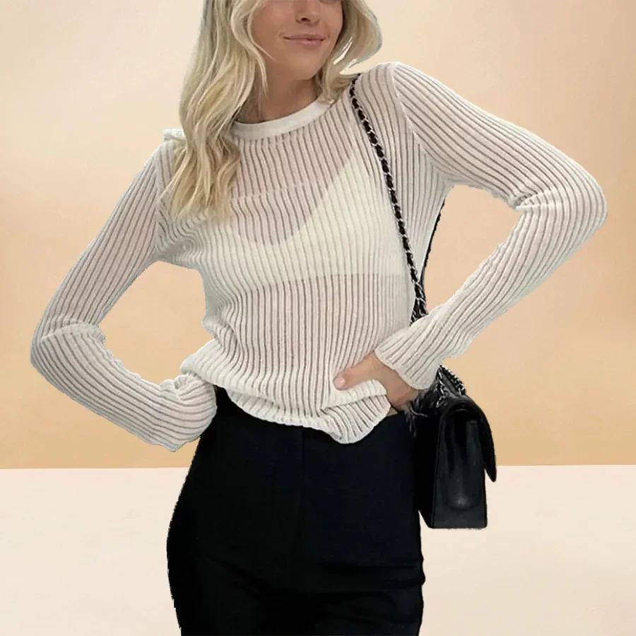 T-Shirts-Transparent-Long-Sleeve-Top-Fashion-Ladies-O-neck-Tees-Skinny ...