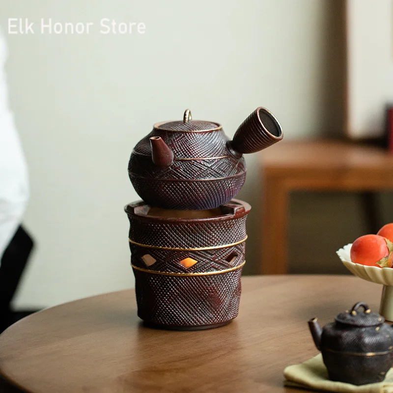 Japanese-Old-Rock-Mud-Warmer-Tea-Stove-Red-Gold-Roasted-Tea-Furnace ...