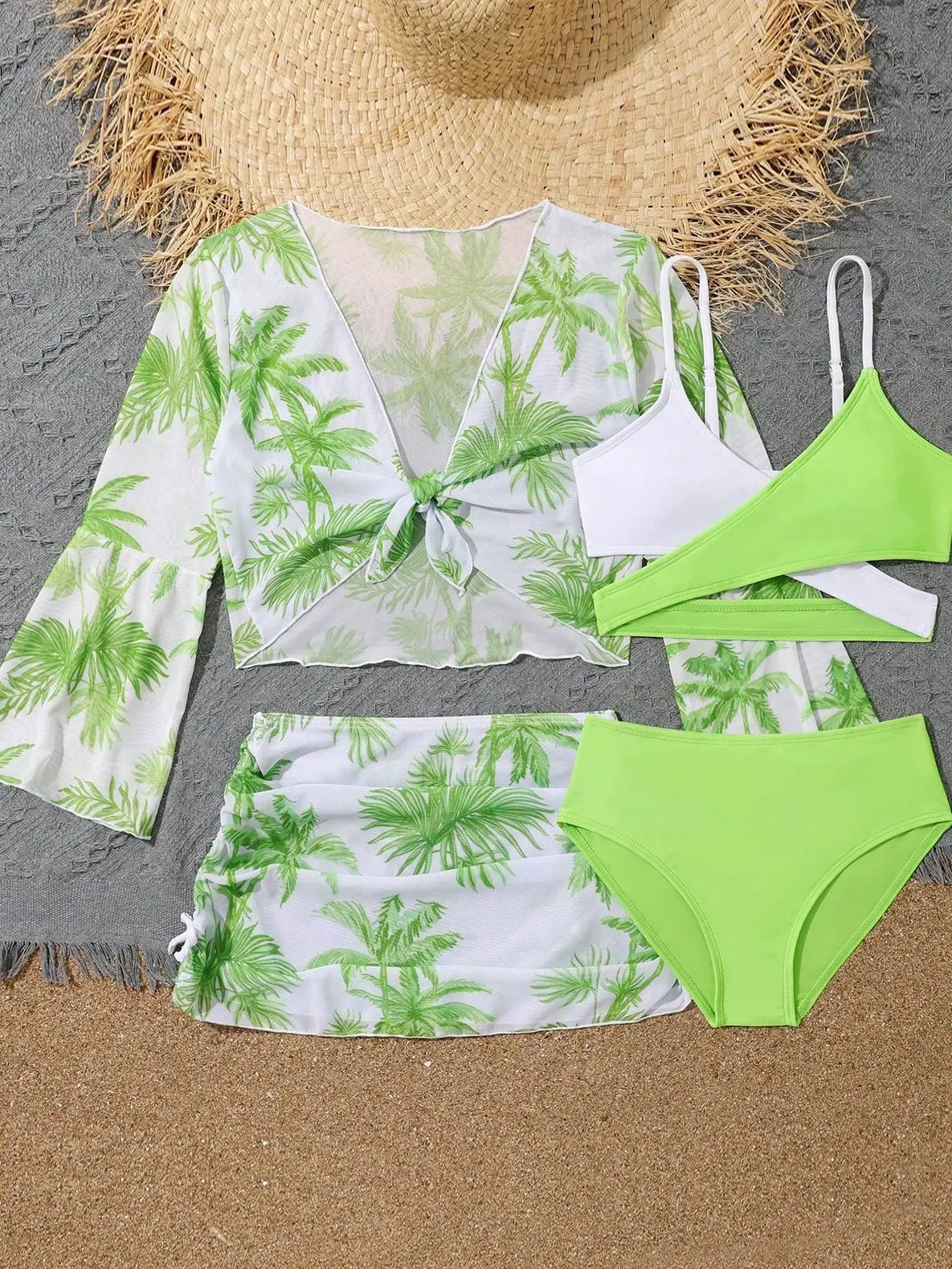 Girls-4pack-Coconut-Palm-Print-Bikini-Sets-with-Beach-Skirt-Long-Sleeve ...