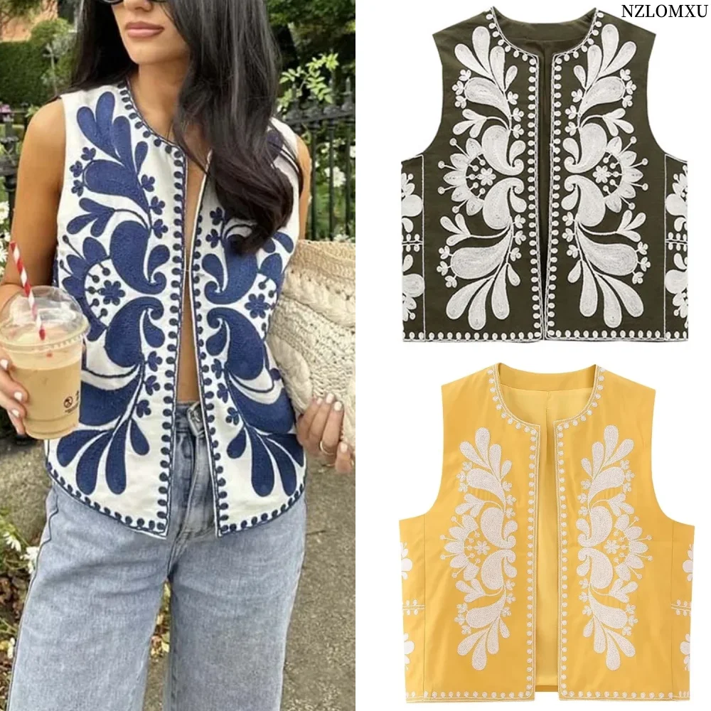 2024-Women-Vintage-Floral-Embroidery-Short-Vest-Jacket-Ladies-National ...