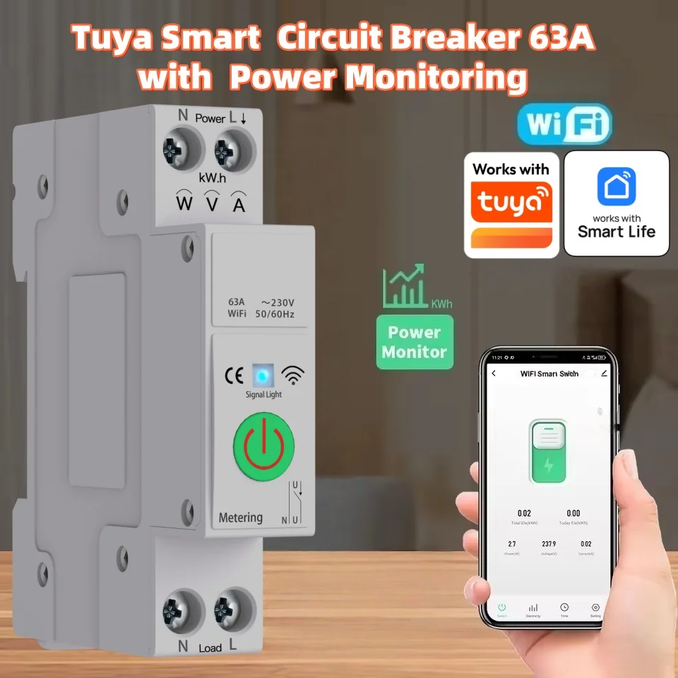 Farylink Tuya WIFI Smart Switch 63A 1P+N Energy Meter Kwh Metering ...