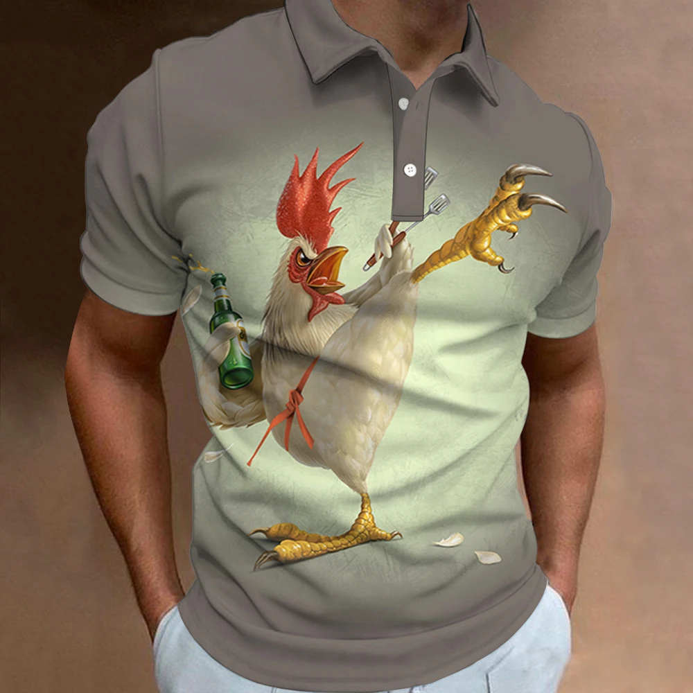Funny Men's Polo Shirt Summer Fashion Streetwear Chicken Pattern Shirt ...