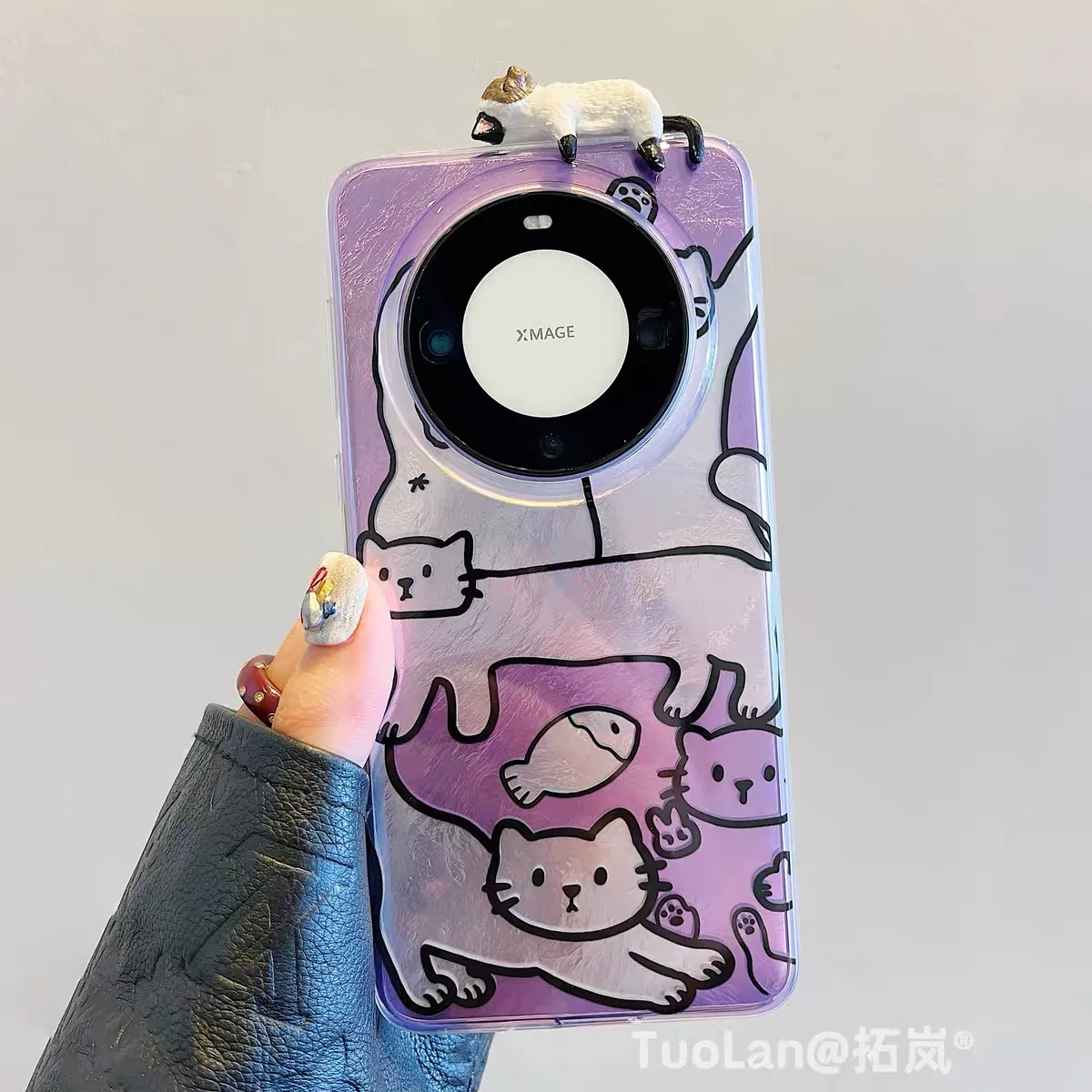 Purple Line Lazy Cat Cartoon Phone Case with Dazzle Lustre Finish for ...