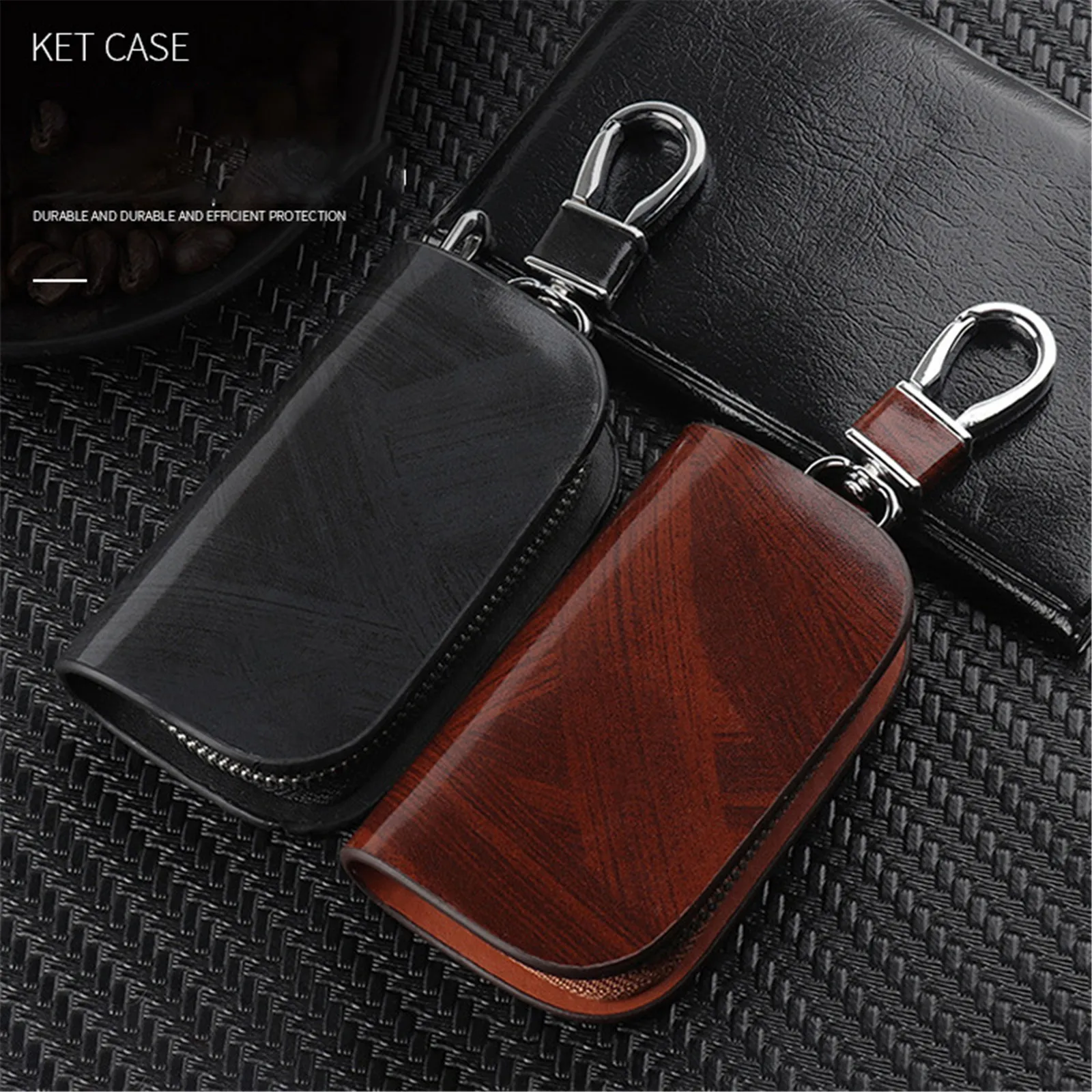 Universal-Car-Keycase-Zipper-Wood-Grain-Leather-Key-Holder-Protection ...