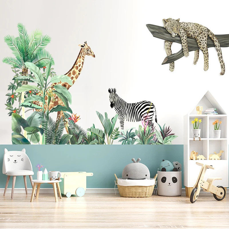 Grote Jungle Dieren Muurstickers Voor Kinderen Kamers Jongens Kamer Slaapkamer Decoratie Giraffe ...