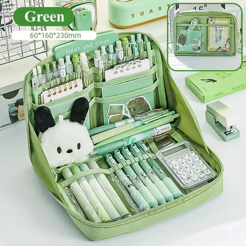 Multilayer 90° Open Pencil Case Large Capacity Green Student Cloth Pen ...