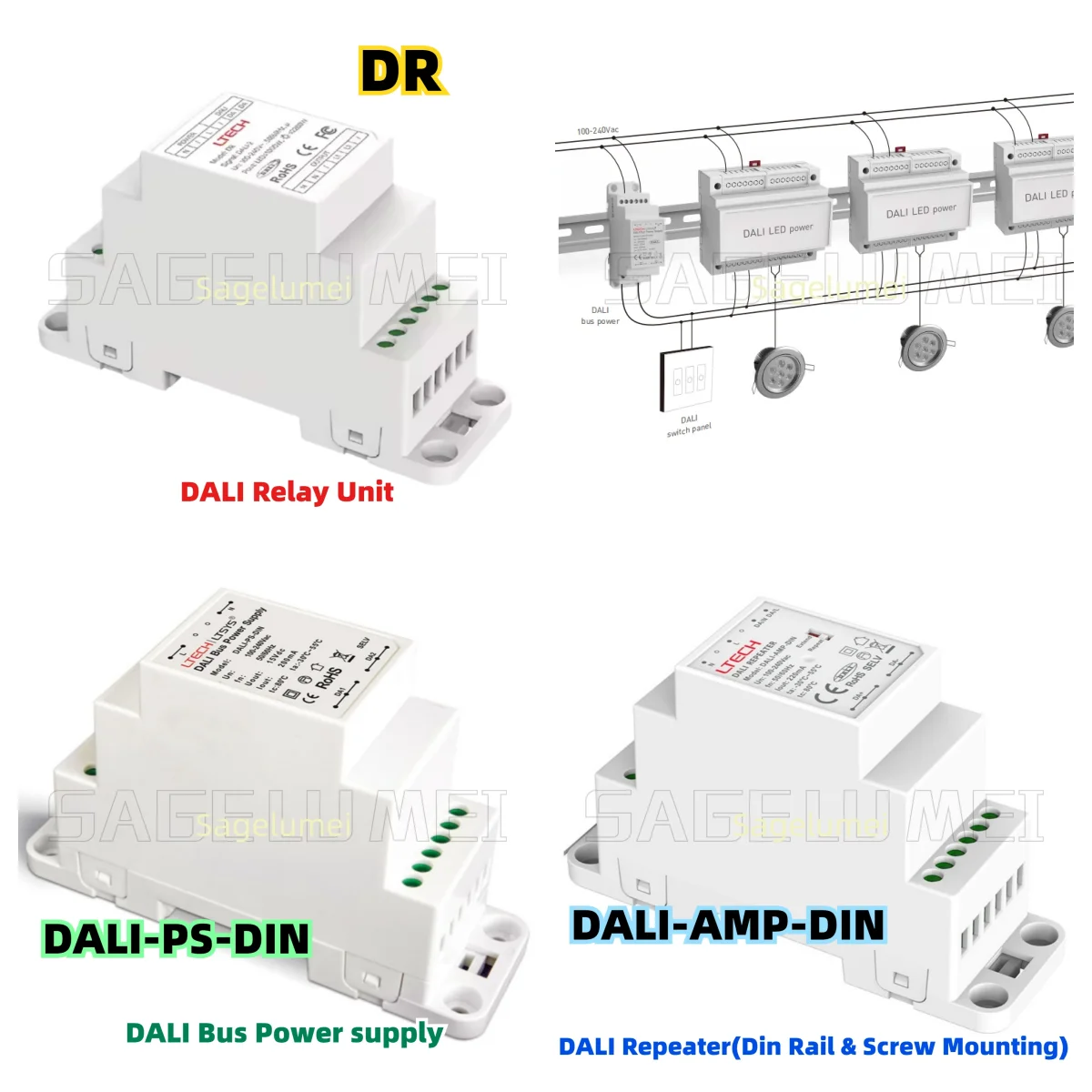DALI Controller LTECH Dimmer Bus Power supply DALI-PS-DIN Relay Unit DR ...